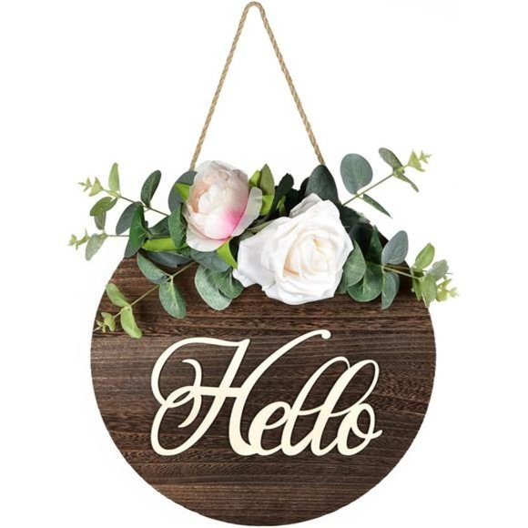 Wall Decor | Artificial Rose Flower Welcome Sign Hanging Wooden Porch ...